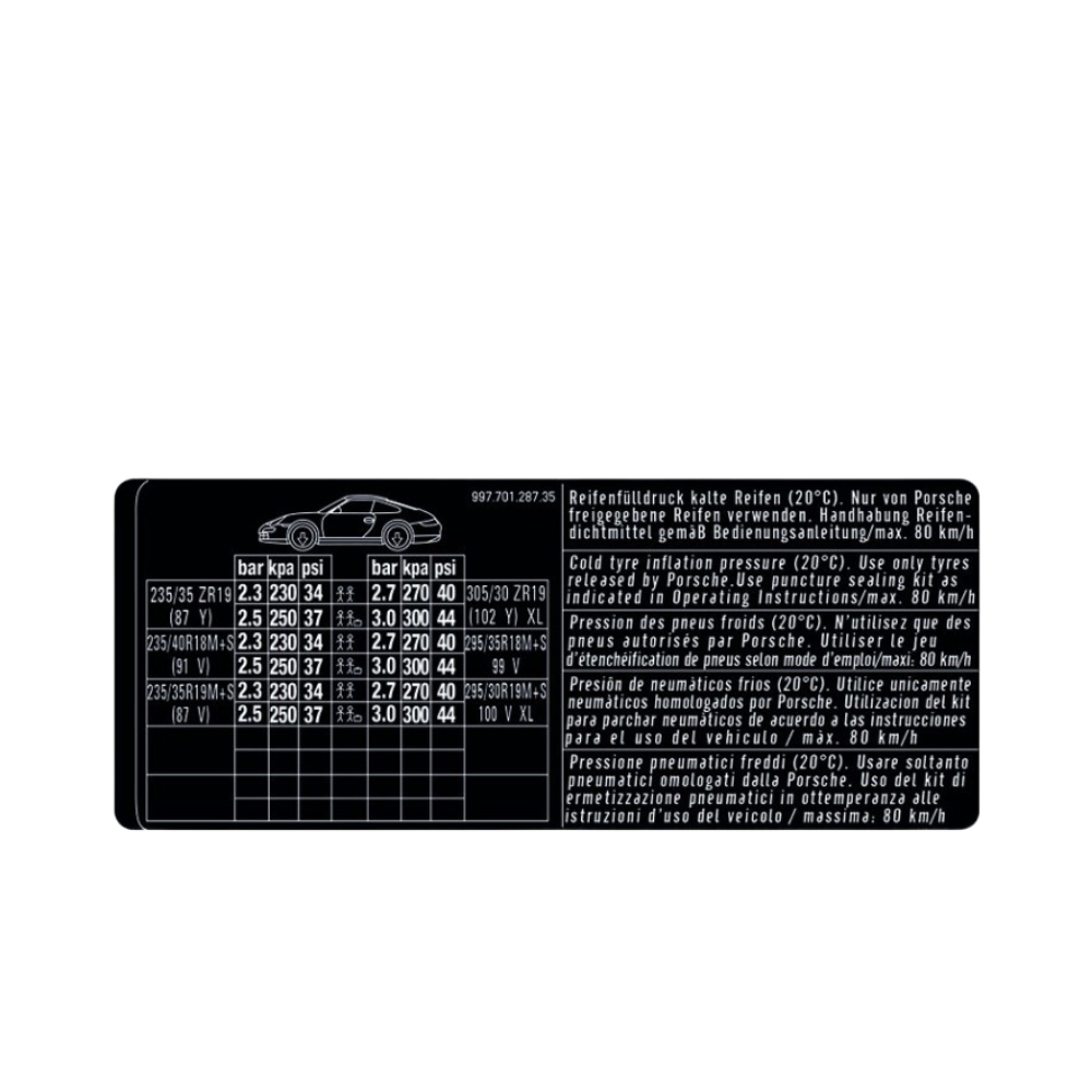Porsche Tyre Pressure Data Plate - 911 05-08 997-701-287-35 | Sierra ...