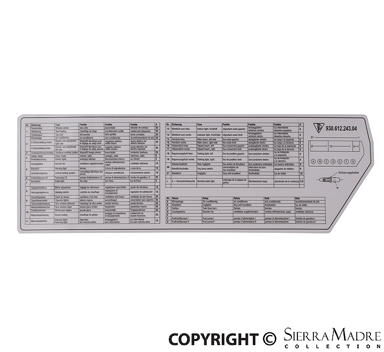 Porsche Fuse Cover Decal - 911Turbo 84-86 930-612-243-00 | Sierra Madre ...