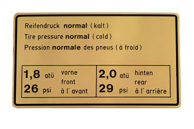 Porsche Tire Pressure Decal - Normal - 911/912 901-006-505-00 | Sierra ...