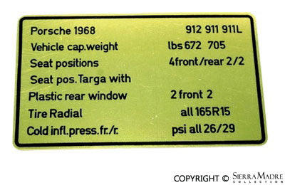 Porsche Vehicle Capacities/Tires Decal - 911/912 65-68 901-006-512-00 ...